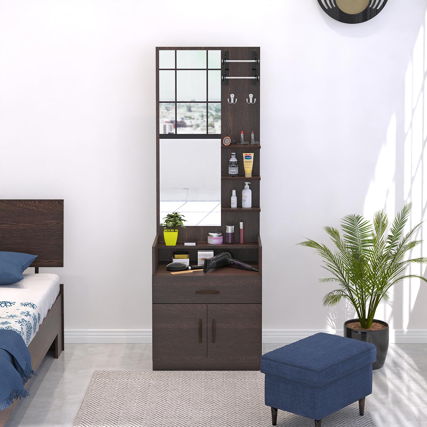 Shiva Engineered Wood Wall Mount Floor Standing Dressing Table Organizer Makeup Vanity with Mirror Storage Shelves Bangle Holder Hooks for Bedroom Home Furniture Wenge Pratik Exports